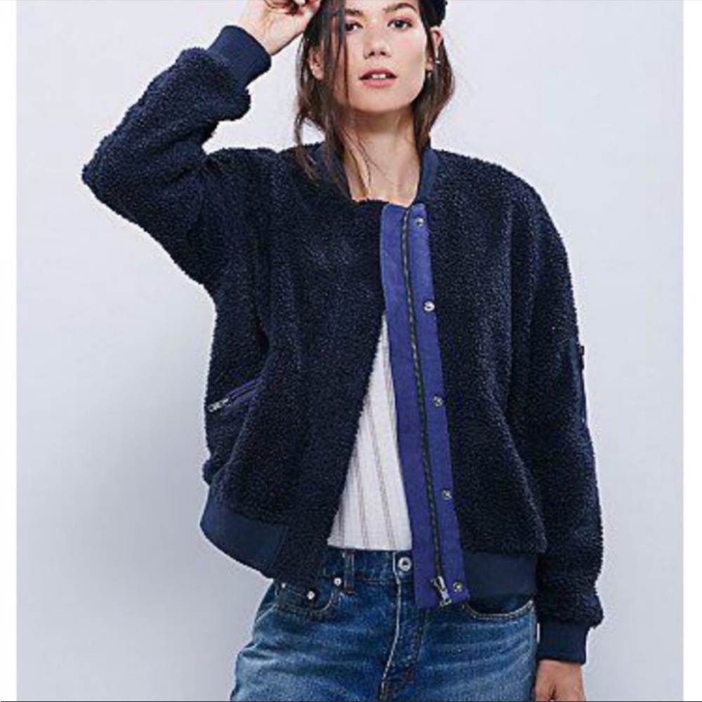 Free People Teddy Bear Aviator Bomber Jacket - Gem